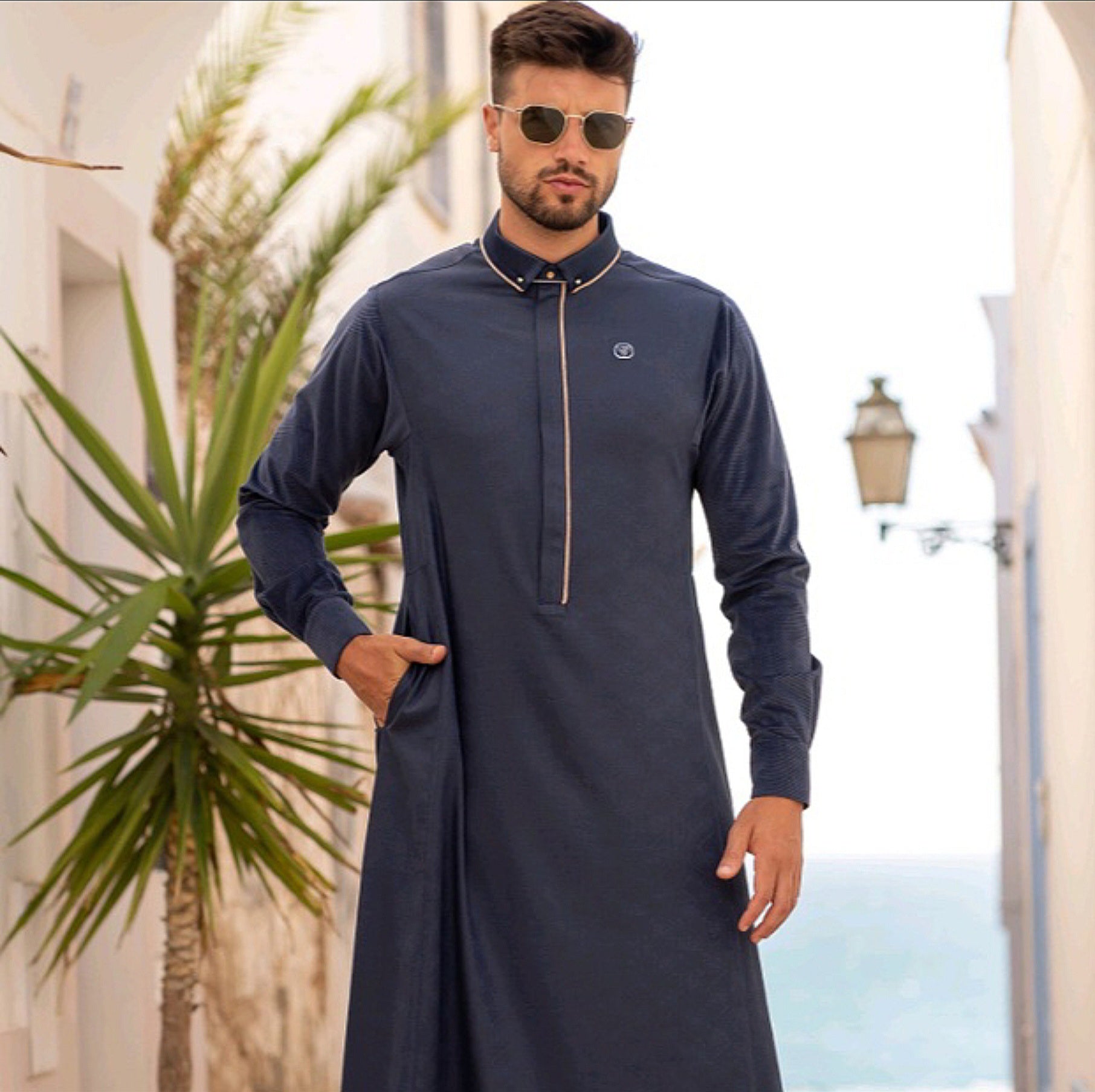 Men's Designer Jubba - Al Ameer AAR2418, Premium Cotton Thobe, Long Sleeve, Dark Blue – Al Aqsa